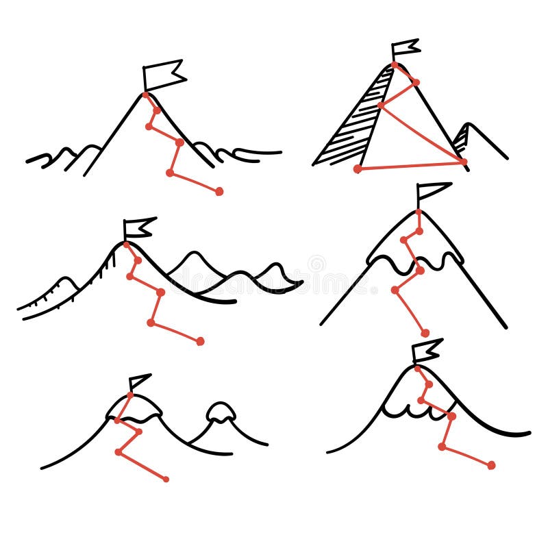 Hand Drawn Doodle Mountain Peak with Flag and Trail Tracking ...