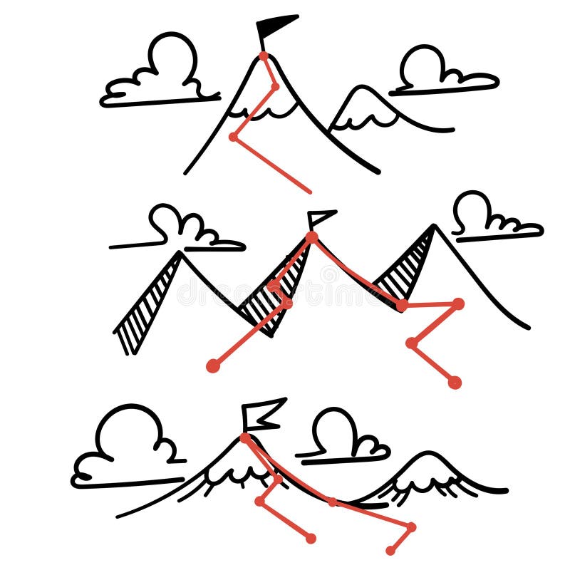 Hand Drawn Doodle Mountain Peak with Flag and Trail Tracking ...