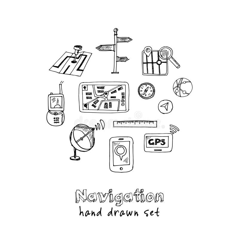 Hand Drawn Doodle Navigation Set. Stock Vector - Illustration of earth ...