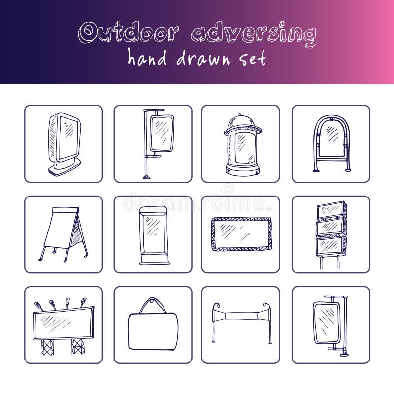 Hand Drawn Doodle Outdoor Adversing Set. Stock Vector - Illustration of ...