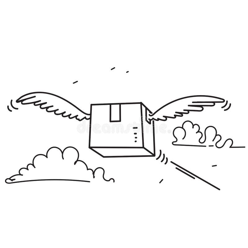 Hand Drawn Doodle Package Box with Wing Flying Illustration Stock ...