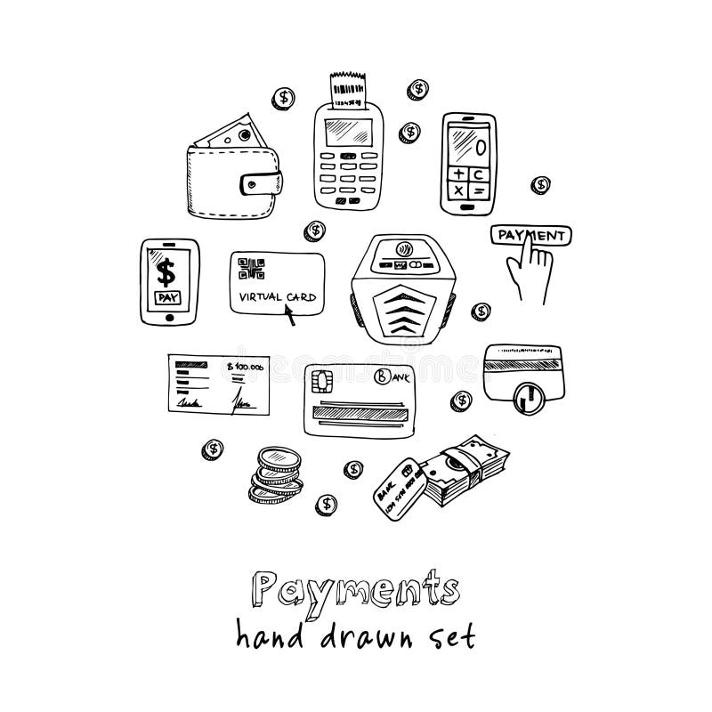 Hand Drawn Doodle Payments Set. Stock Vector - Illustration of outline ...