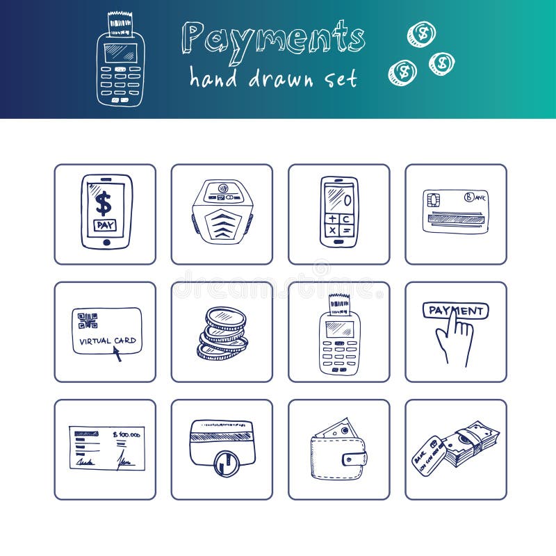 Hand Drawn Doodle Payments Set. Stock Vector - Illustration of card, money: 109564720
