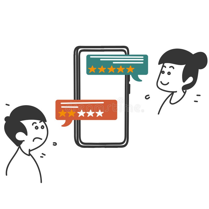 Hand Drawn Doodle People Characters Giving Feedback on Mobile Phone ...