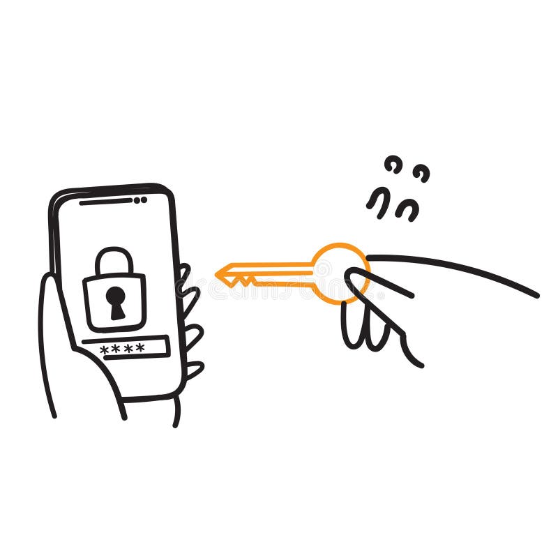 Hand Drawn Doodle Person Open the Locked Device Screen with the Key ...