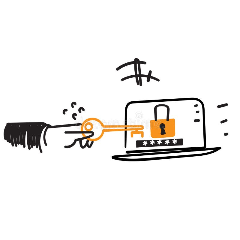 Hand Drawn Doodle Person Open the Locked Device Screen with the Key ...