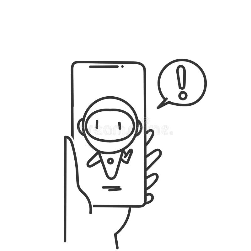 Hand Drawn Doodle Person Talk with Chat Bot on Mobile Phone Stock ...