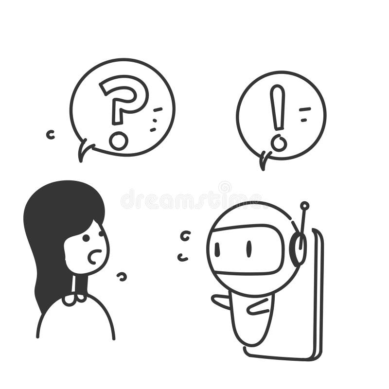 Hand Drawn Doodle Person Talk with Chat Bot on Mobile Phone Stock ...