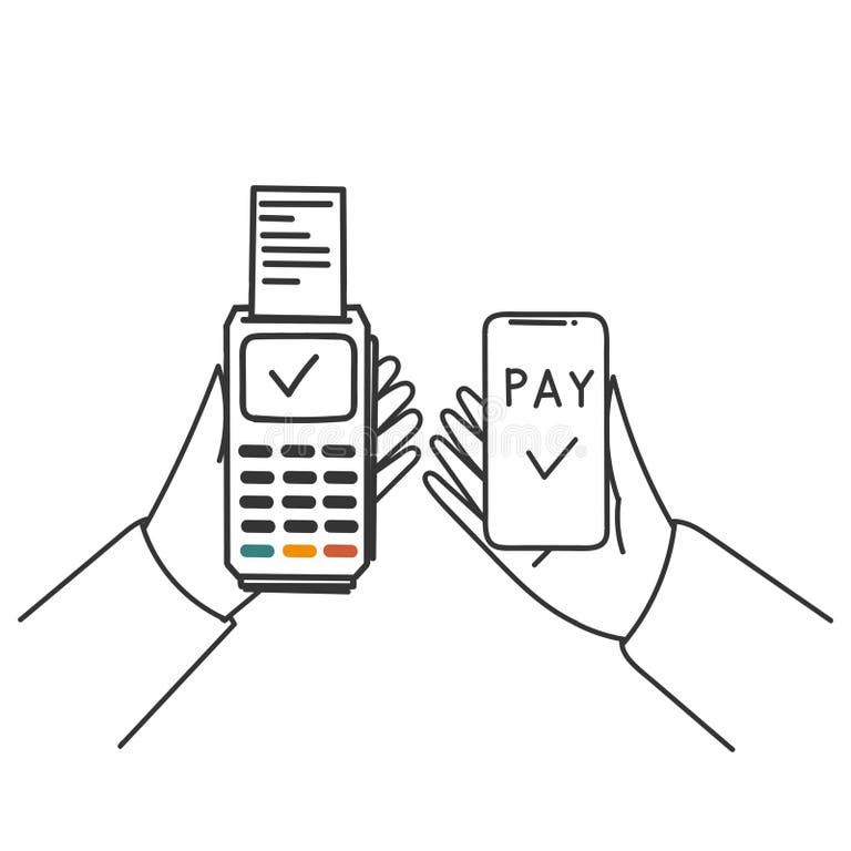 Hand Drawn Doodle Person Using POS Terminals Machine with Mobile Phone ...