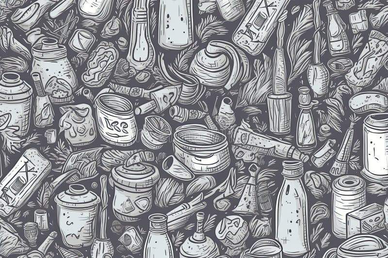 Hand Drawn Doodle Plastic Pollution Seamless Pattern. Vector ...