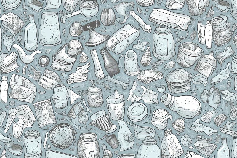 Hand Drawn Doodle Plastic Pollution Seamless Pattern. Vector ...