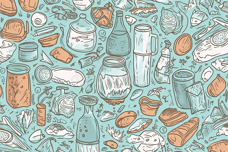 Hand Drawn Doodle Plastic Pollution Seamless Pattern. Vector ...