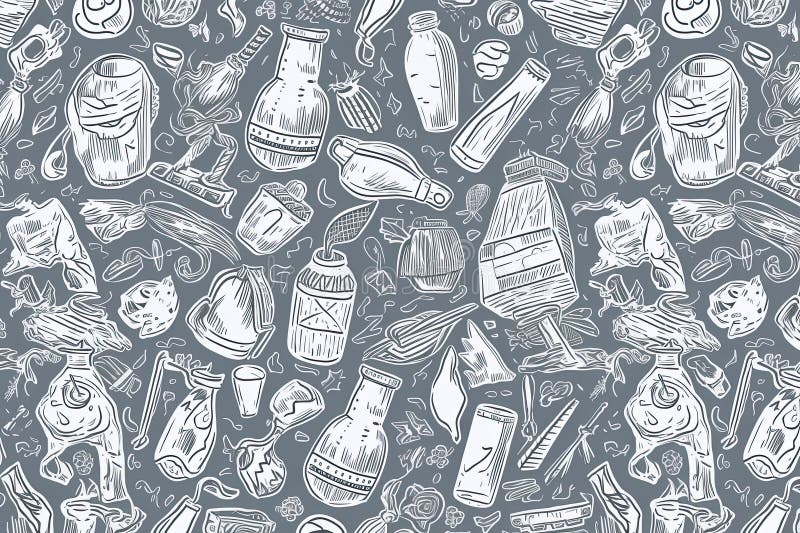 Hand Drawn Doodle Plastic Pollution Seamless Pattern. Vector ...