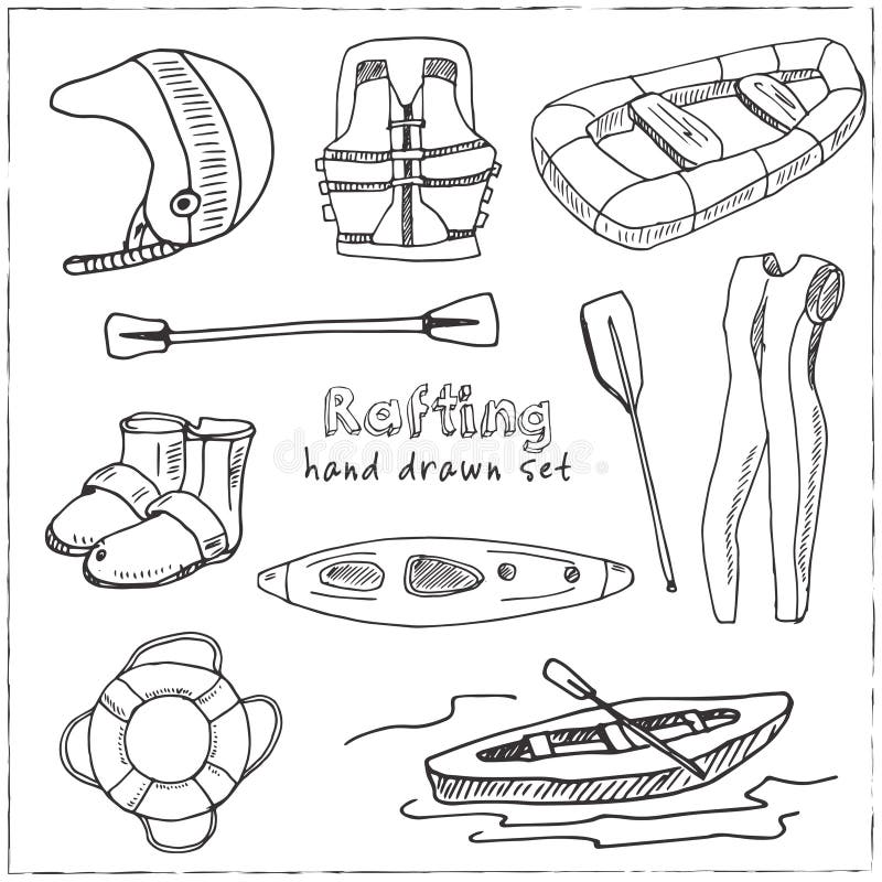 Hand Drawn Doodle Rafting Set. Stock Vector - Illustration of adventure ...