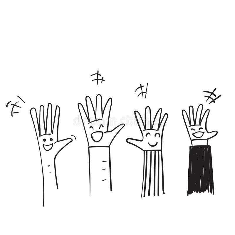 Hand Drawn Doodle Raised Audience Hand with Smile Face in the Palm ...