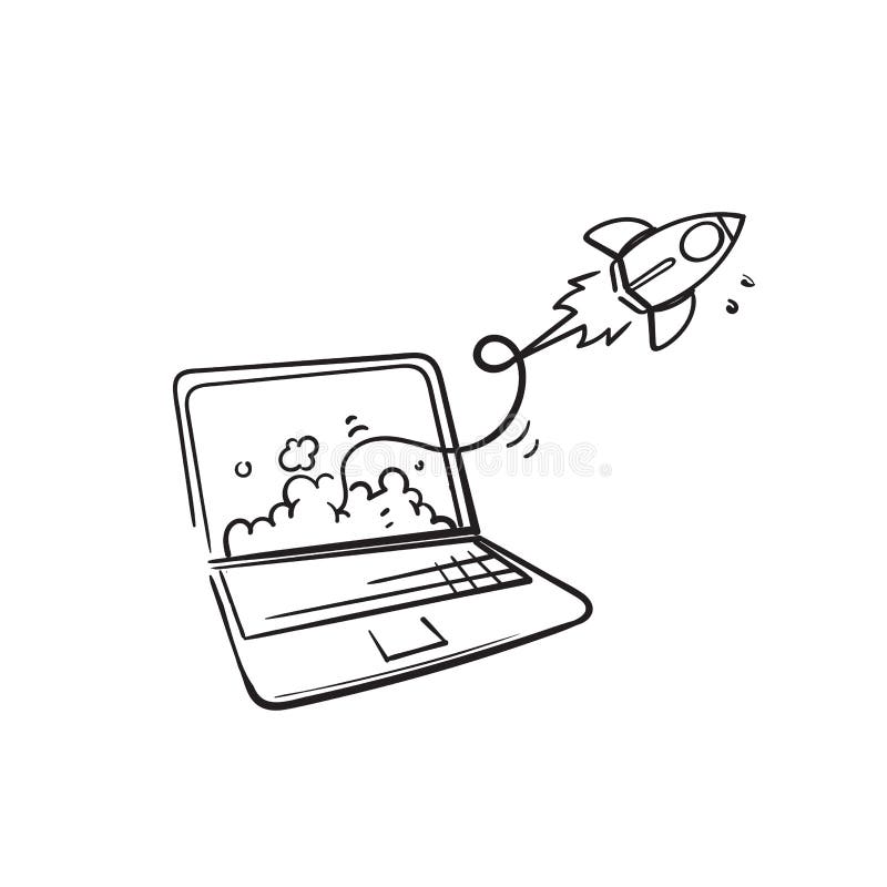Hand Drawn Doodle Rocket Launch from Laptop or Computer Symbol for ...