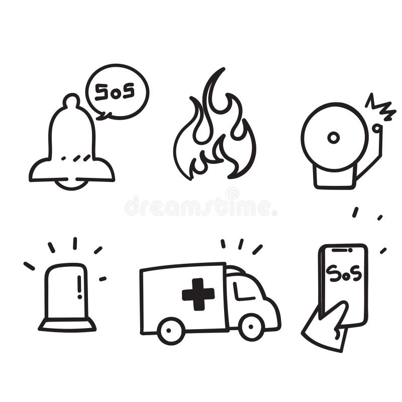 Hand Drawn Doodle Set of Emergency Related Illustration Vector Isolated ...