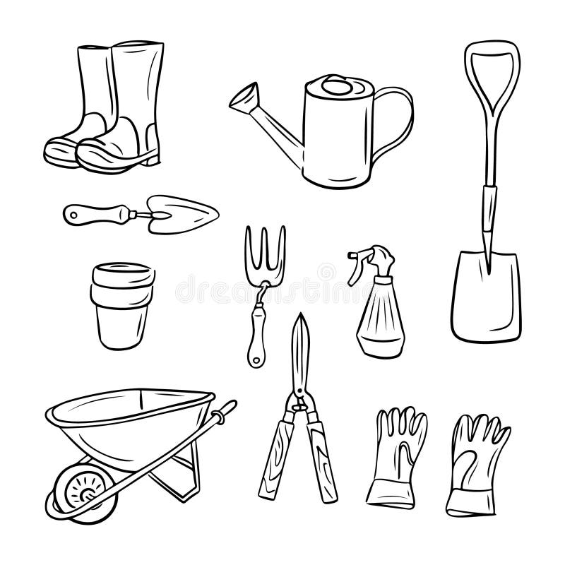 Hand Drawn Doodle Set with Items for Gardening Stock Vector ...