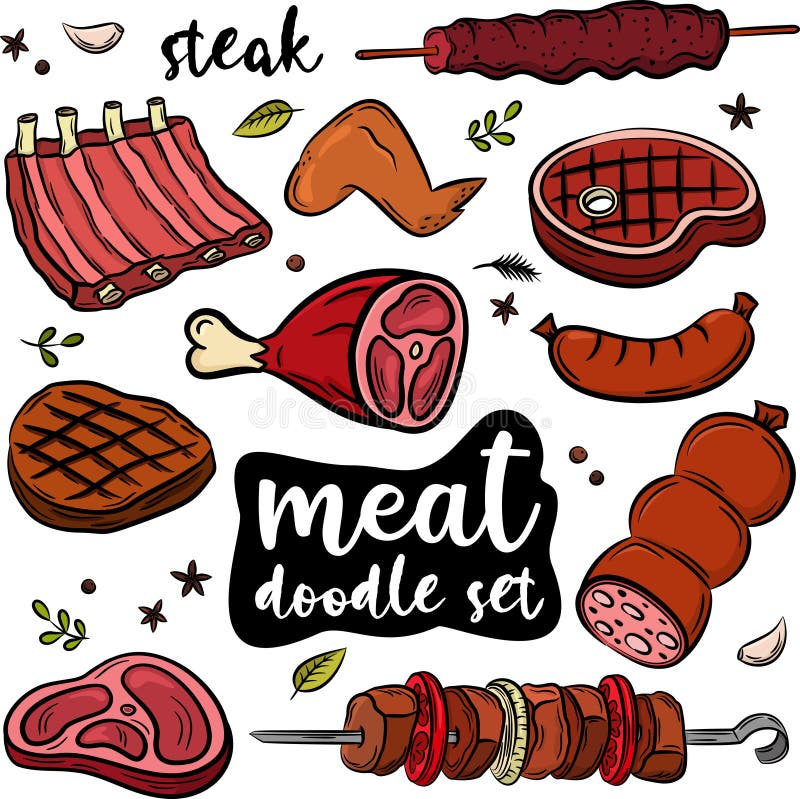 Hand Drawn Doodle Set of Meat and Poultry Stock Vector - Illustration ...