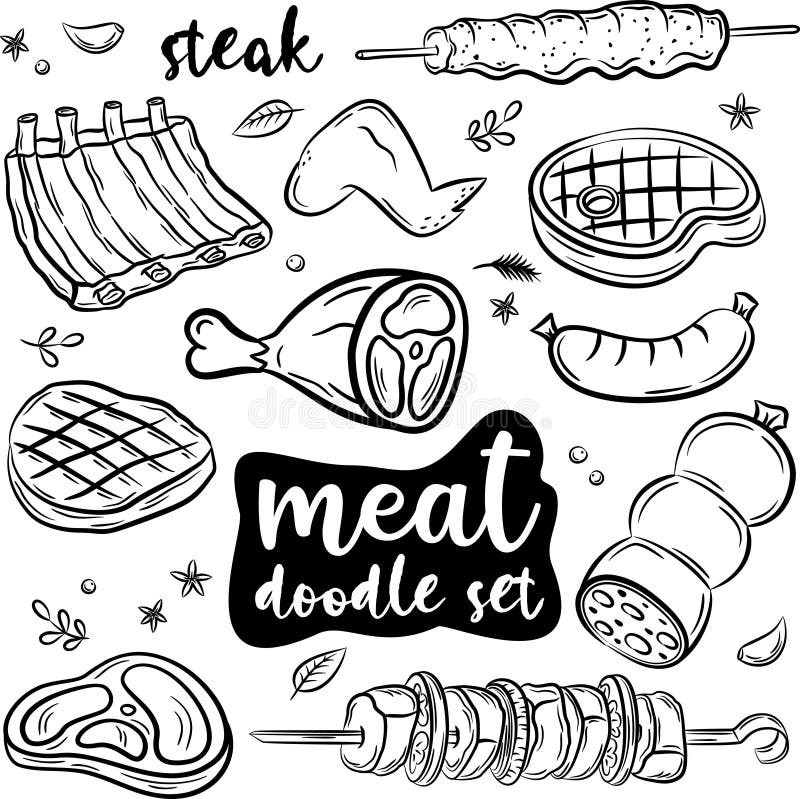 Hand Drawn Doodle Set of Meat and Poultry Stock Vector - Illustration ...