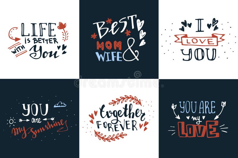 Hand Drawn Doodle Sketch Love Quotes Vector Set. Romantic Greetings ...