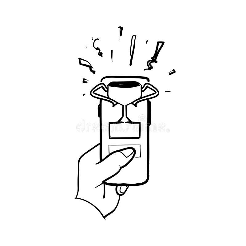 Hand Drawn Doodle Smartphone and Trophy Illustration Symbol for Winner ...