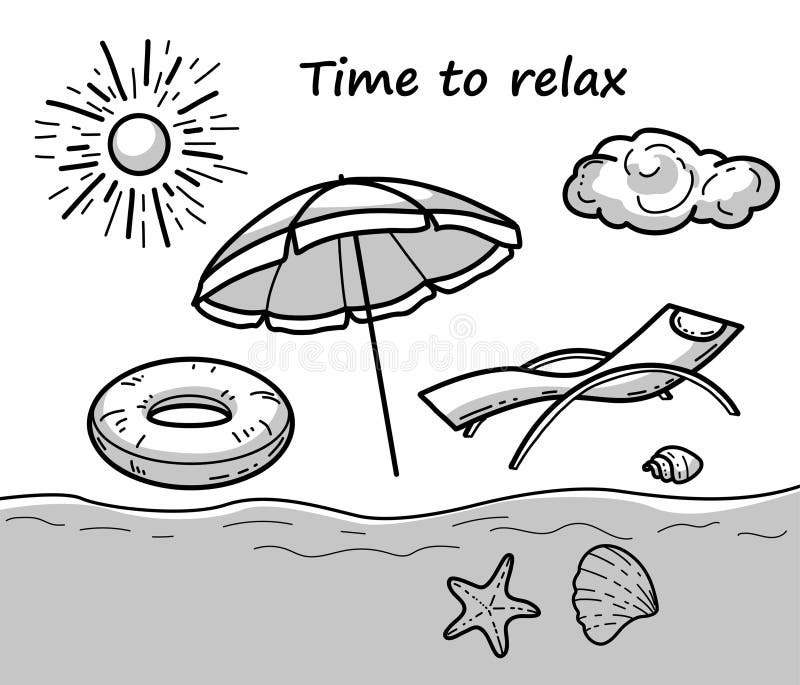 Hand Drawn Doodle Style, Beach Theme, Seaside Vacation, Lying in Sun ...