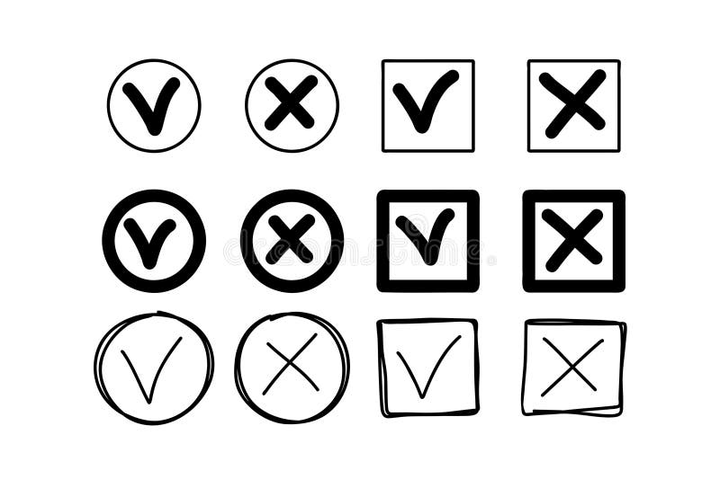 Hand Drawn Doodle Style, Check and Cross Mark Set. Vote, Yes, No ...