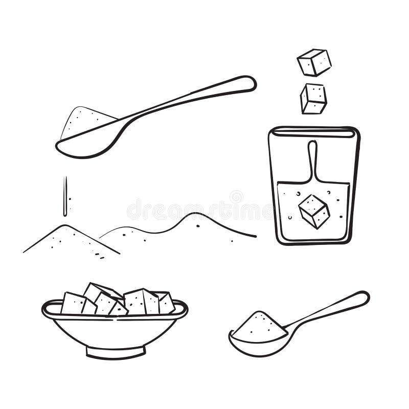 Hand Drawn Doodle Sugar Cube and Spoon Illustration Icon Collection ...
