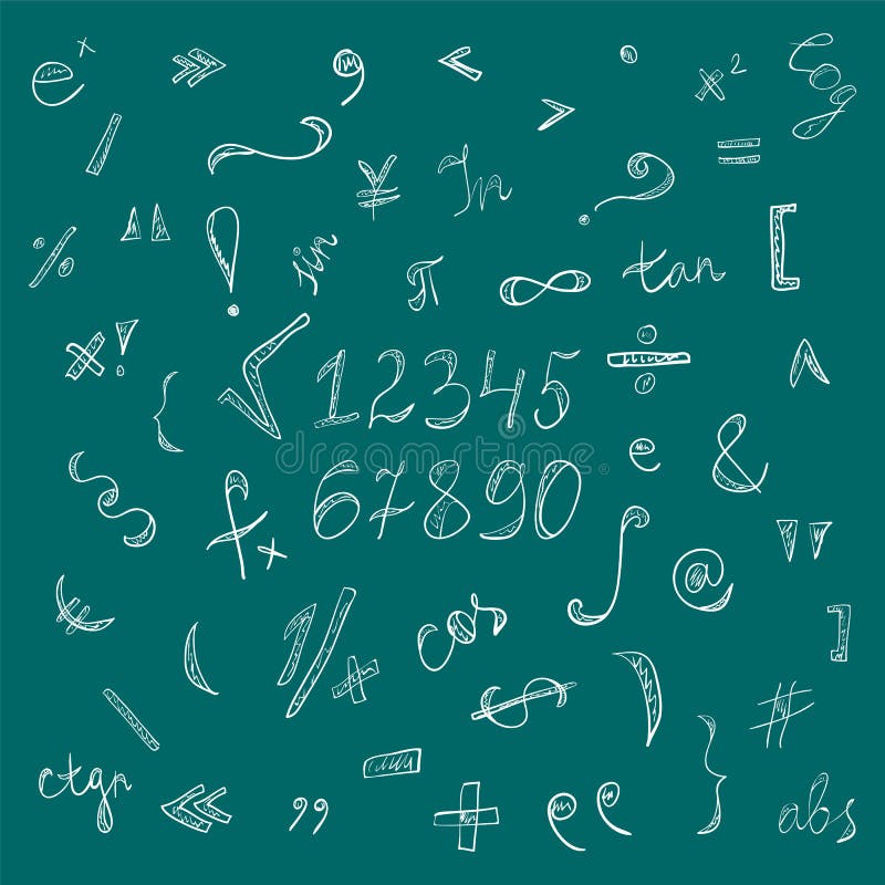 Hand Drawn Doodle Symbols and Numbers.Chalk Scribble Signs on Green ...