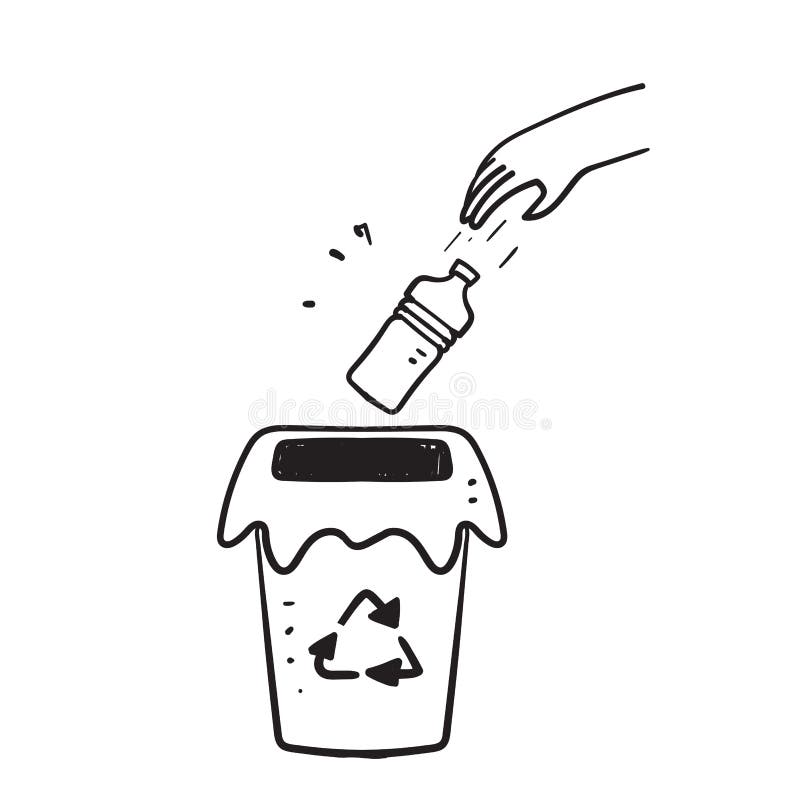 Hand Drawn Doodle Throw Plastic Bottles in the Trash Bin Illustration ...