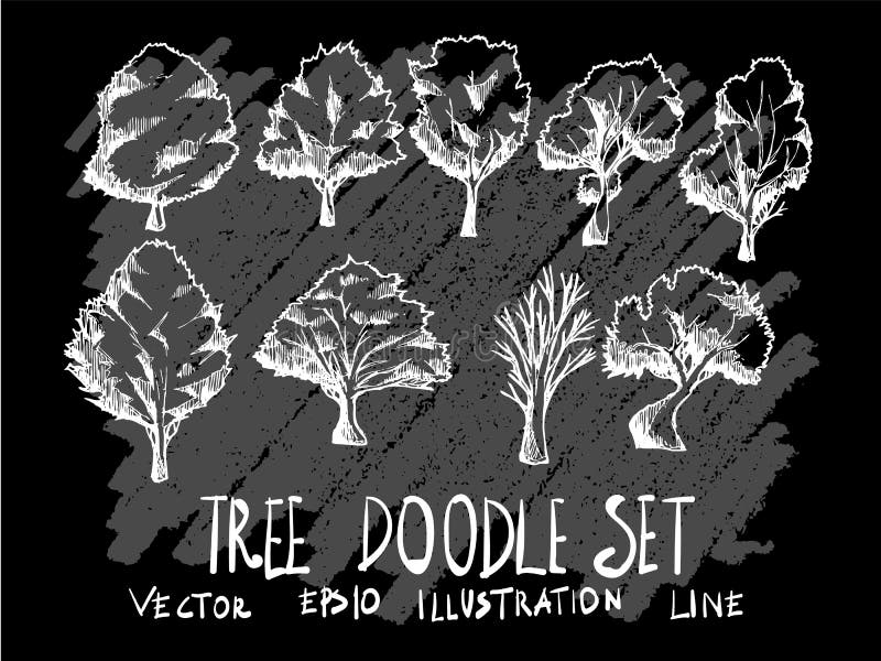 Hand Drawn Doodle Vector Illustration Line Tree Set on Chalkboard Eps10 ...