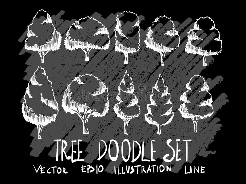 Hand Drawn Doodle Vector Illustration Line Tree Set on Chalkboard Eps10 ...