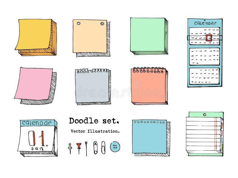 Hand Drawn Doodle Vector Set of Sticky Note, Paper Sheet, Pack of Paper ...