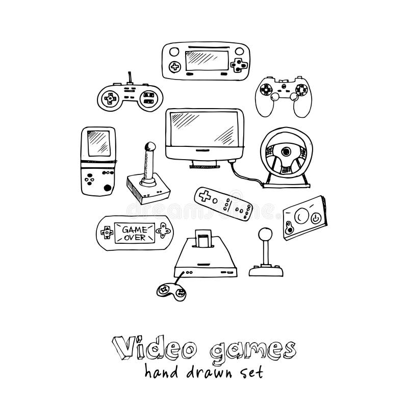 Hand Drawn Doodle Video Games Set. Stock Vector - Illustration of ...