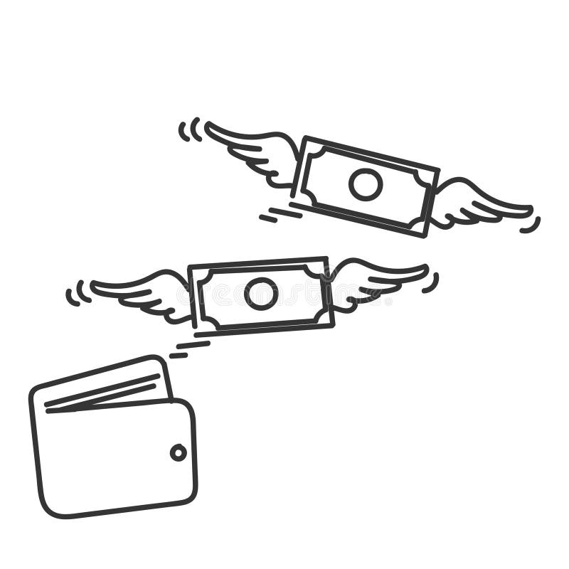 Hand Drawn Doodle Wallet with Flying Money with Wings Illustration ...