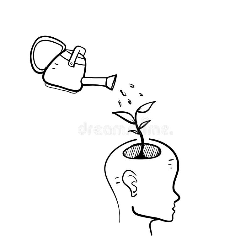 Hand Drawn Doodle Watering Plant on Mind or Brain Symbol for ...