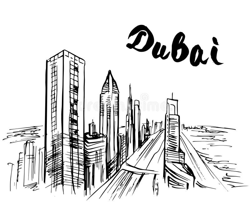 Hand Drawn Dubai Skyscraper Stock Vector - Illustration of facade, asia ...