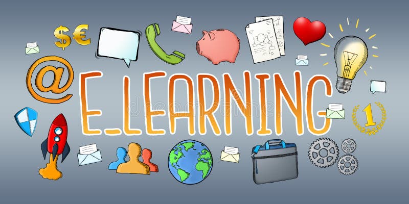 Hand-drawn E-learning Text with Icons Stock Illustration - Illustration ...