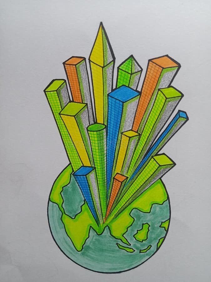 Hand Drawn Earth with Buildings Stock Illustration - Illustration of ...