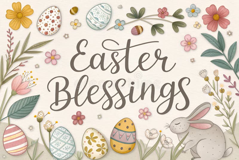 Hand-drawn Easter Blessings Text with Decorated Eggs, Floral Elements ...