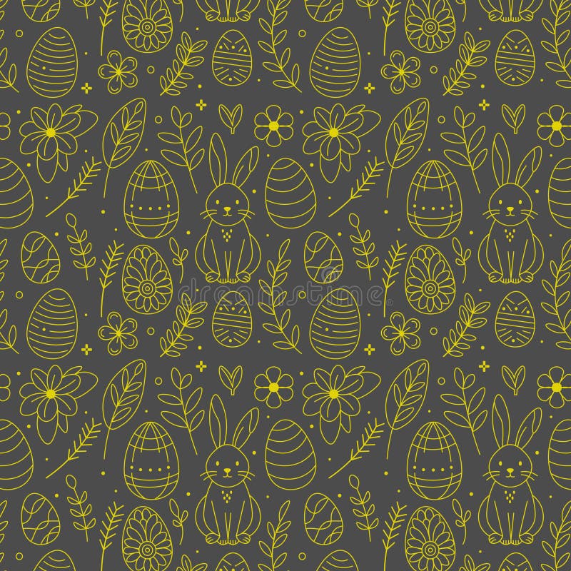 Hand-drawn Easter Bunny and Eggs Pattern on a Dark Background Stock ...