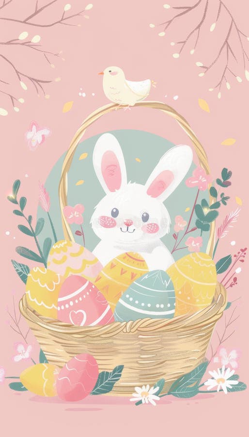 Hand-Drawn Easter Card Design Featuring Bunny and Chick with Decorated ...