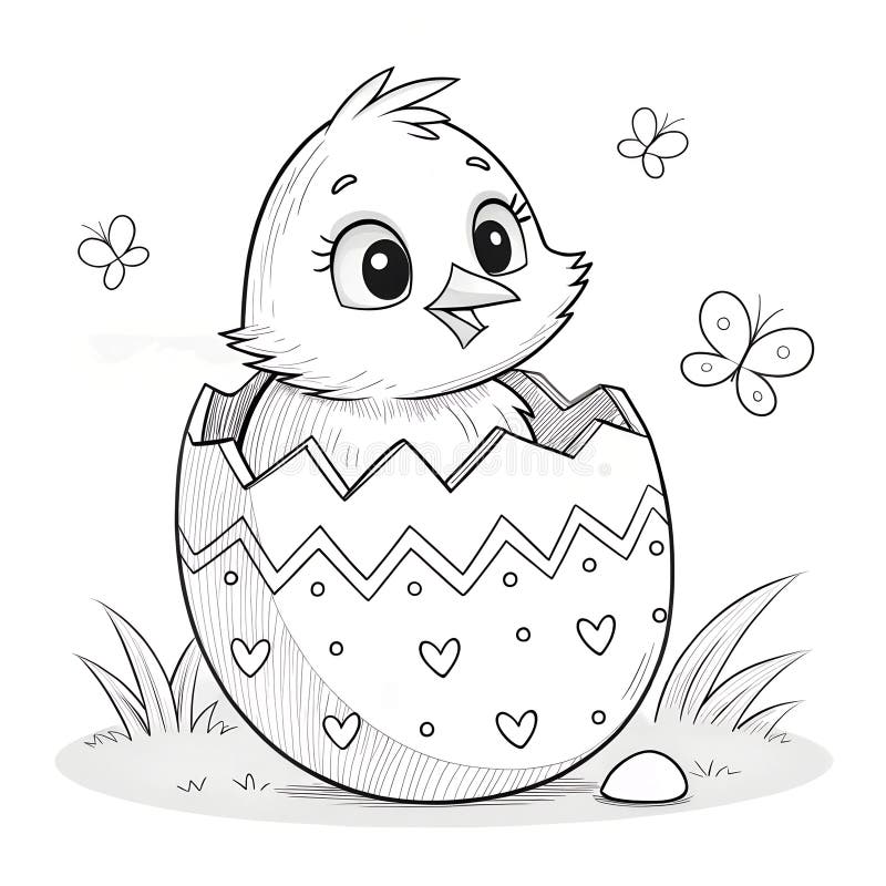 Hand-drawn Easter Chick Hatching from a Decorative Egg Surrounded by ...