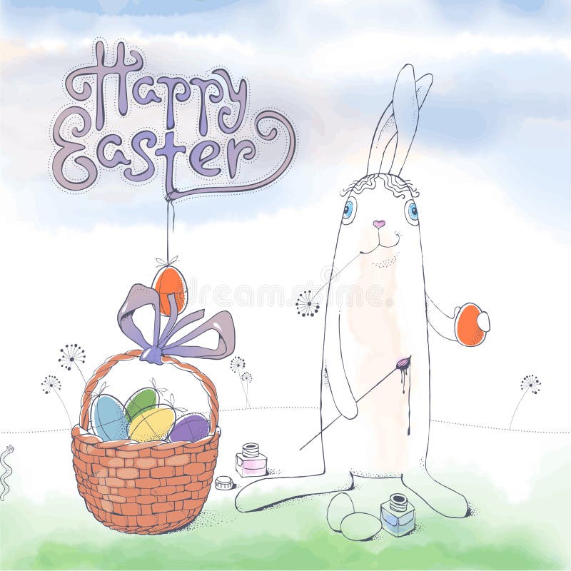 Hand Drawn Easter Greeting Card in Vector Format. Easter Bunny Stock ...