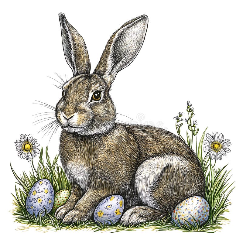 Hand-drawn Easter Rabbit Bunny with Springtime Flowers and Painted Eggs ...
