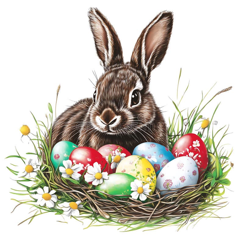 Hand-drawn Easter Rabbit Bunny with Springtime Flowers and Painted Eggs ...