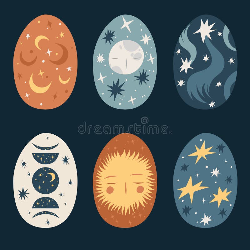 Hand Drawn Easter Set Abstract Eggs with Moon, Sun, Stars. Vector ...