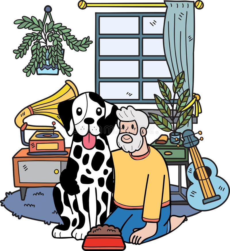 Hand Drawn Elderly Feed the Dog Illustration in Doodle Style Stock ...