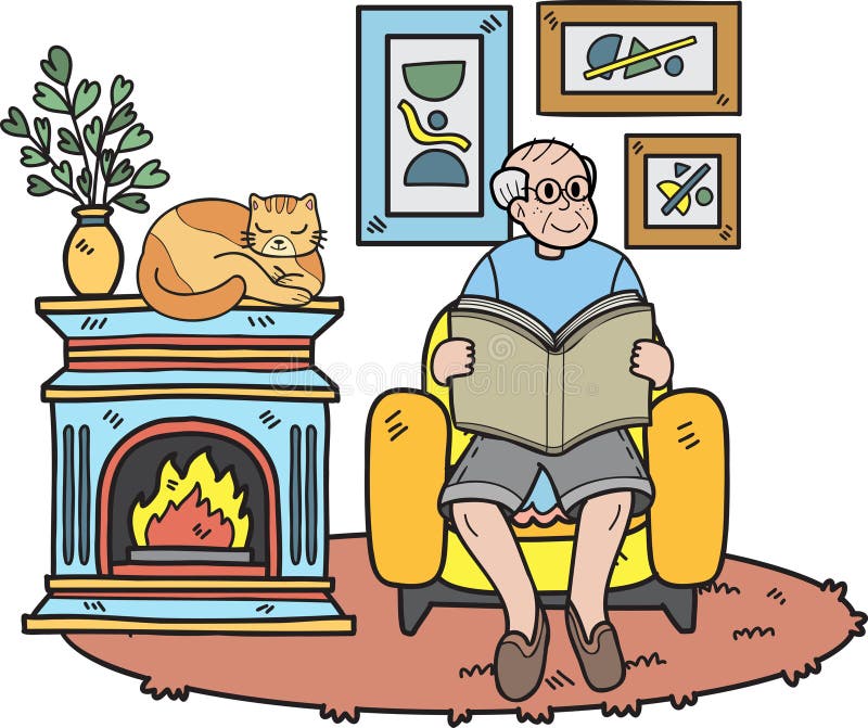 Hand Drawn Elderly Reading a Book with a Cat Illustration in Doodle ... Hand Drawn Elderly Reading a Book with a Cat Illustration in Doodle ...